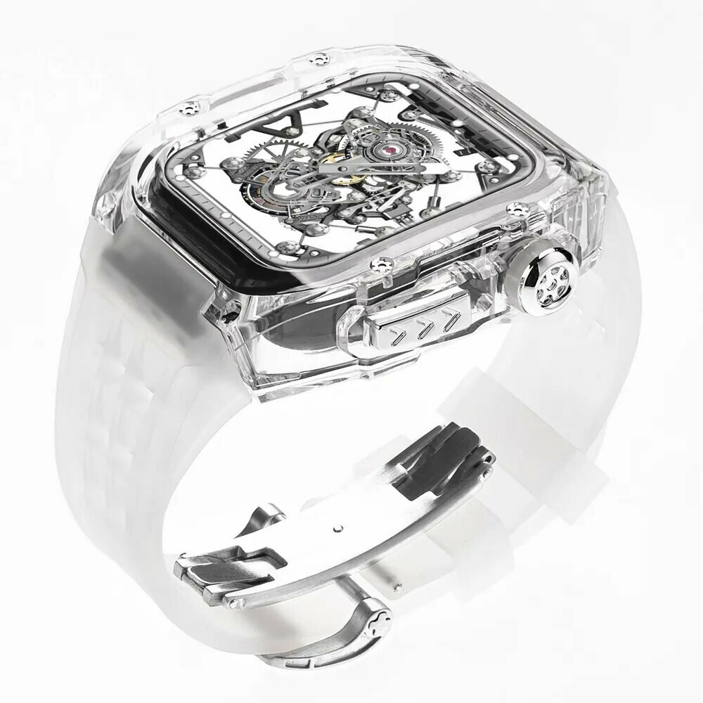 Высокий прозрачный корпус + ремешок из фторкаучука для Apple Watch 45 мм/44 мм, Series 9 8 7 SE 6 5 4, Роскошный Richard RM комплект модификации, Посеребренные пуговицы-прозрачный ремешок