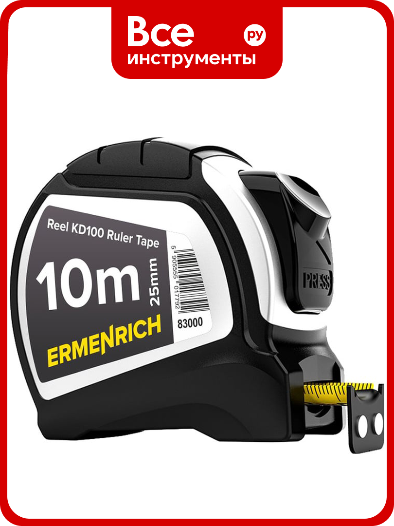 Рулетка Ermenrich (Эрменрих) Reel KD100 83000 измерительная лента с магнитным зацепом и клипсой ремня