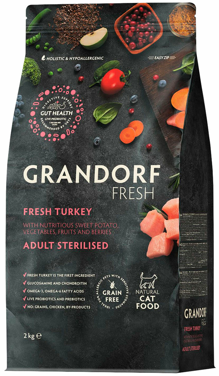 Корм сухой Grandorf Fresh Grain Free Cat Adult Sterilised Turkey & Sweet Potato беззерновой для взрослых кастрированных котов и стерилизованных кошек, индейка, батат, 2 кг