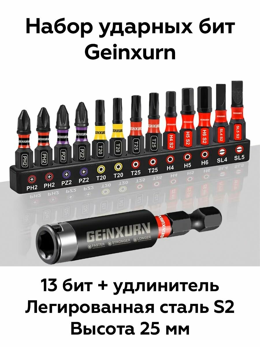 Набор ударных бит Geinxurn, Легированная сталь S2, 25 мм