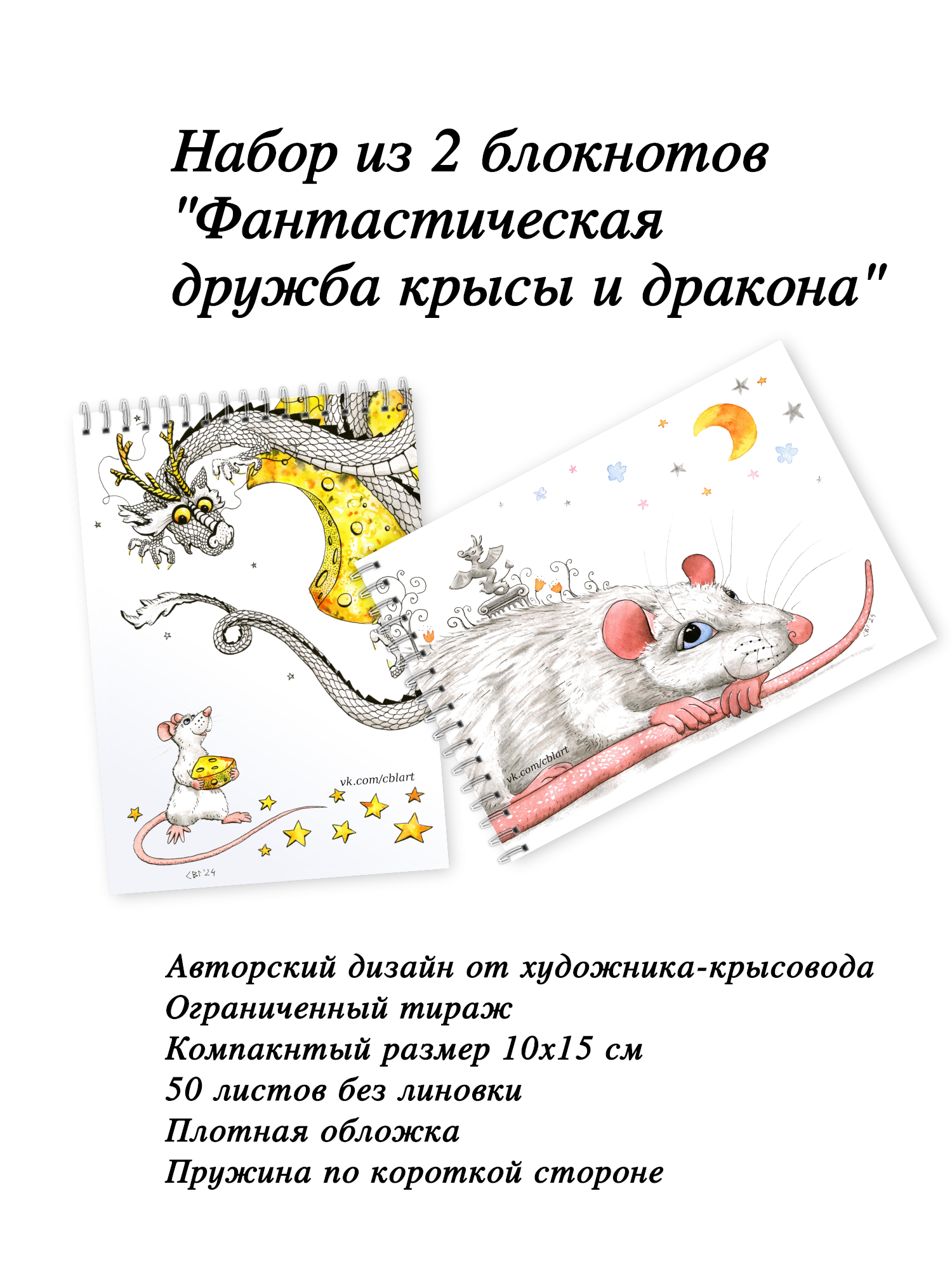 Блокноты авторский принт "Фантастическая дружба крысы и дракона", 2 штуки, 10х15 см, 60 чистых листов