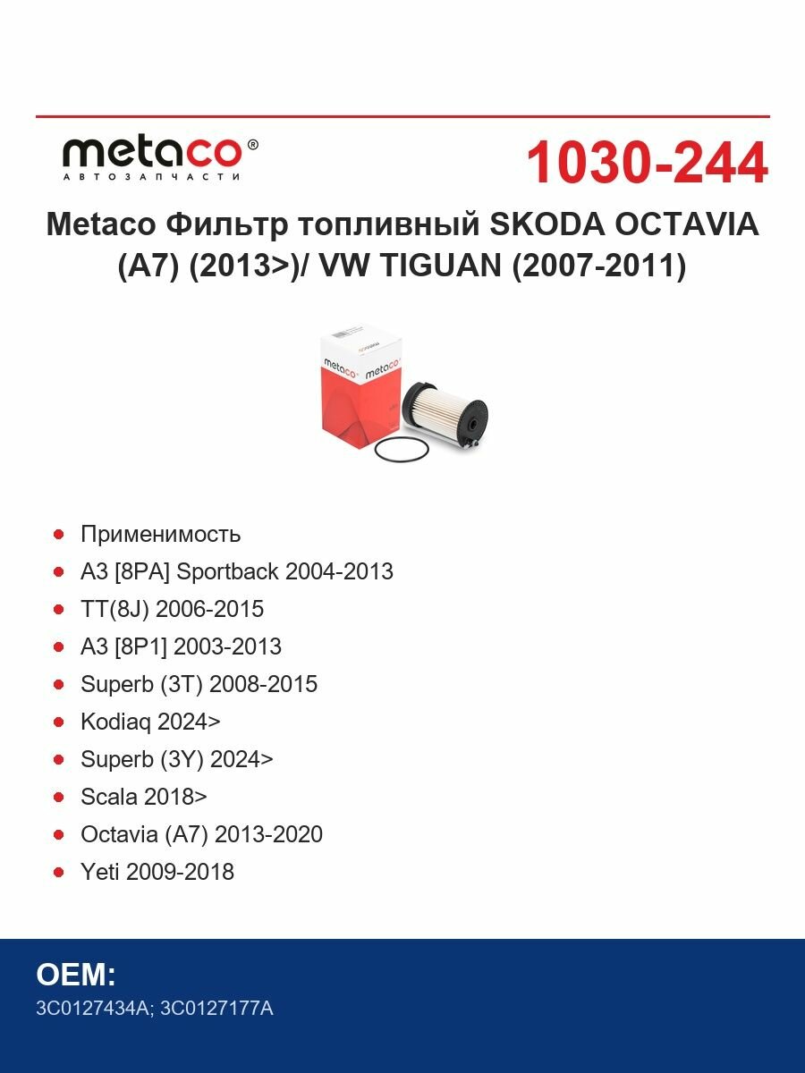 Metaco Фильтр топливный SKODA OCTAVIA (A7) (2013>)/ VW TIGUAN (2007-2011)