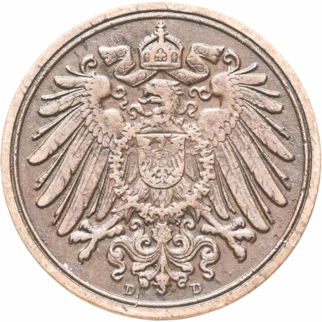 Германия 1 пфенниг pfennig 1908, знак монетного двора: "D" - Мюнхен, Медь, в сохранности XF