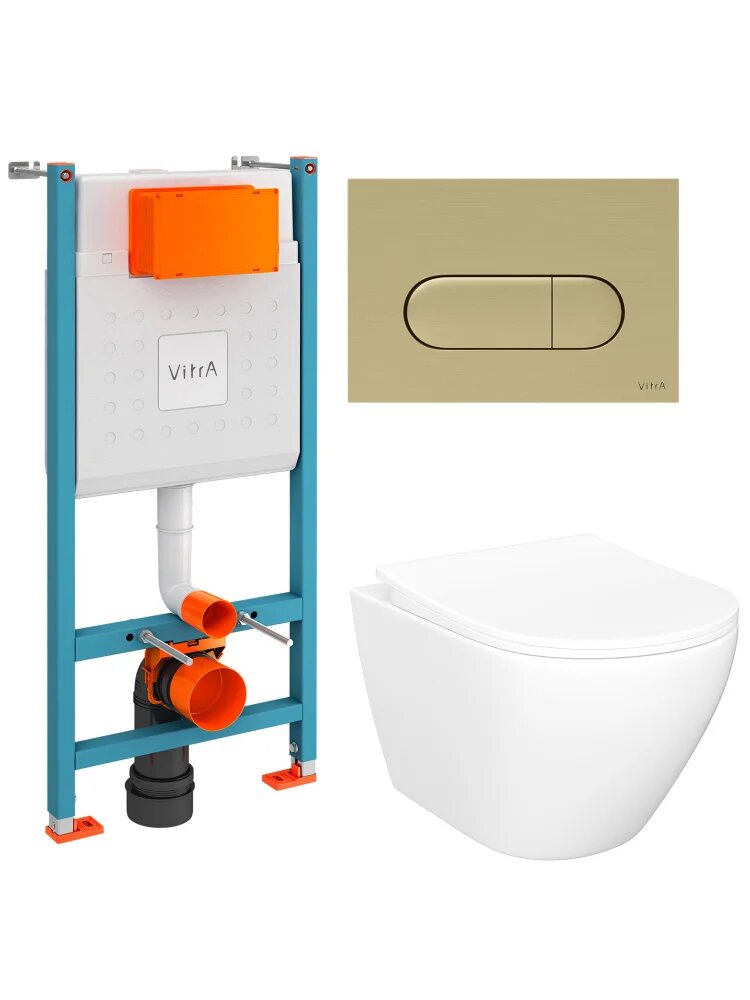 Комплект 4 в 1: Инсталляция VitrA Ви-Фикс Кор (V-Fix Core) 732-5800-01 / Унитаз подвесной STWORKI Кронборг S28401WH безободковый, с микролифтом / Кнопка Рут Раунд (Root Round) 740-2225, матовое золото, Комплект креплений