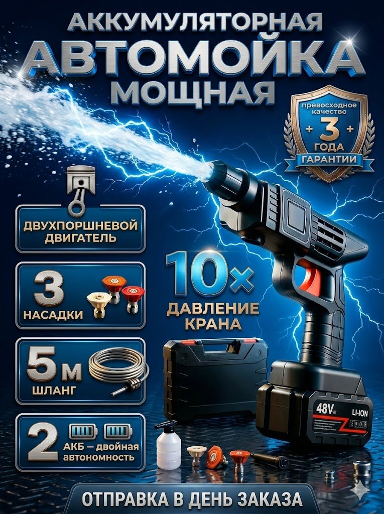 Мойка высокого давления аккумуляторная для автомобиля, Автомойка, в кейсе 2 аккумулятора, 3 насадки