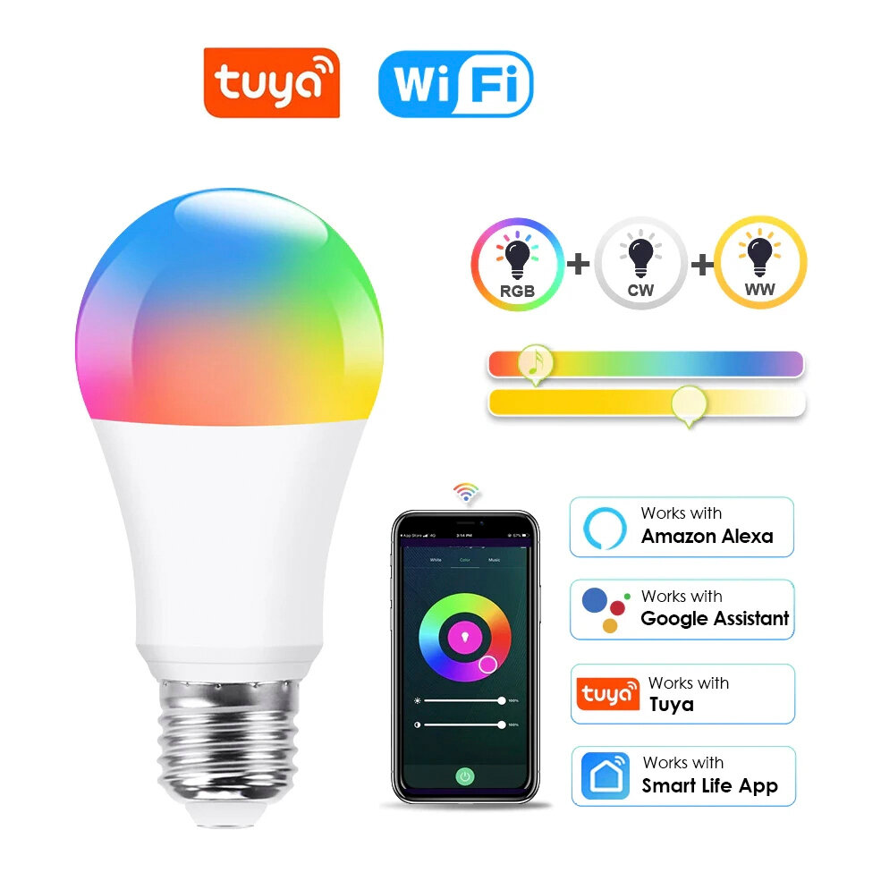 Умная светодиодная лампочка RGB Е27 с Wi-Fi, Алисой, 15W