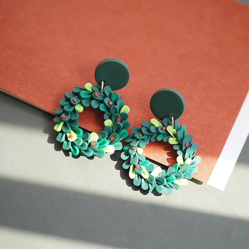 Серьги из глины с цветочным узором, green wreath