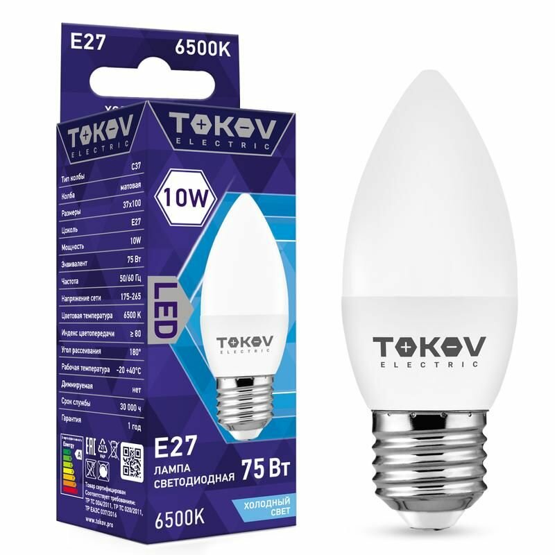 Лампа светодиодная TOKOV ELECTRIC 10 Вт, С37, 6500К, цоколь Е27, 176-264В