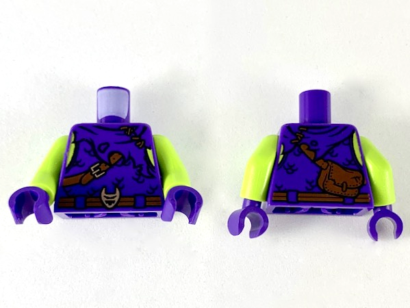 Torso Tattered Tunic with Hood, Reddish Brown Belt, Shoulder Strap and Copper Buckles Pattern / Lime Arms / Dark Purple Hands, 973pb3577c01 Dark Purple U