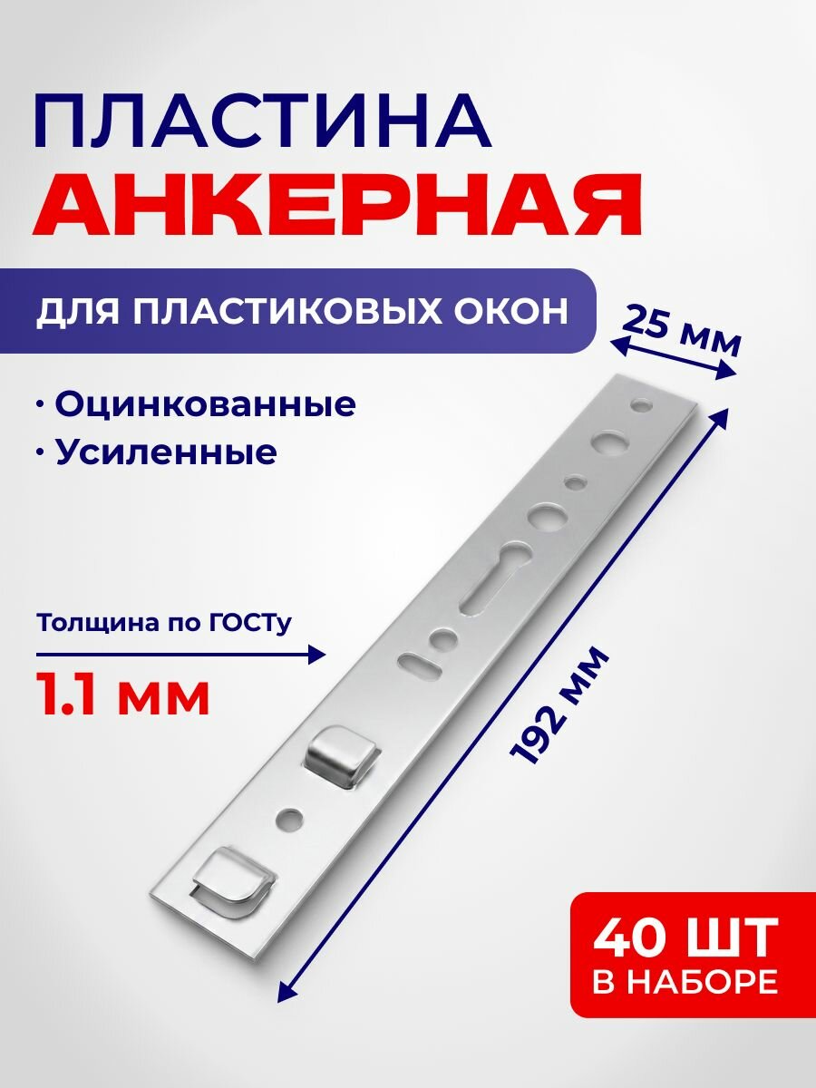 Анкерная пластина для пластиковых окон РЕХАУ, 40шт. Металл 1,1мм. Длина 192мм. Подходит для окон КВЕ, РЕХАУ, Брусбокс, Грюндер, Ричмонт, Монблан