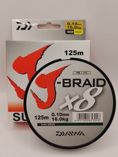 Шнур плетеный Daiwa J-Braid X8 0.10 мм, 125 м, темно-зеленый, высокая прочность, износостойкость, низкая растяжимость