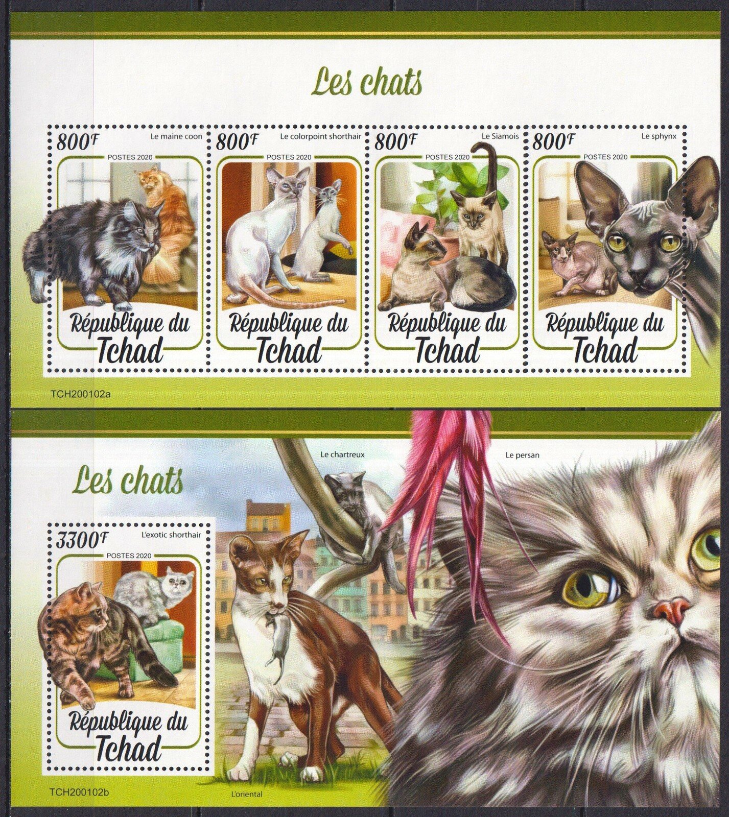 Марки 2020 год Чад Кошки Домашние животные Фауна #3523-3526+Бл807 MNH