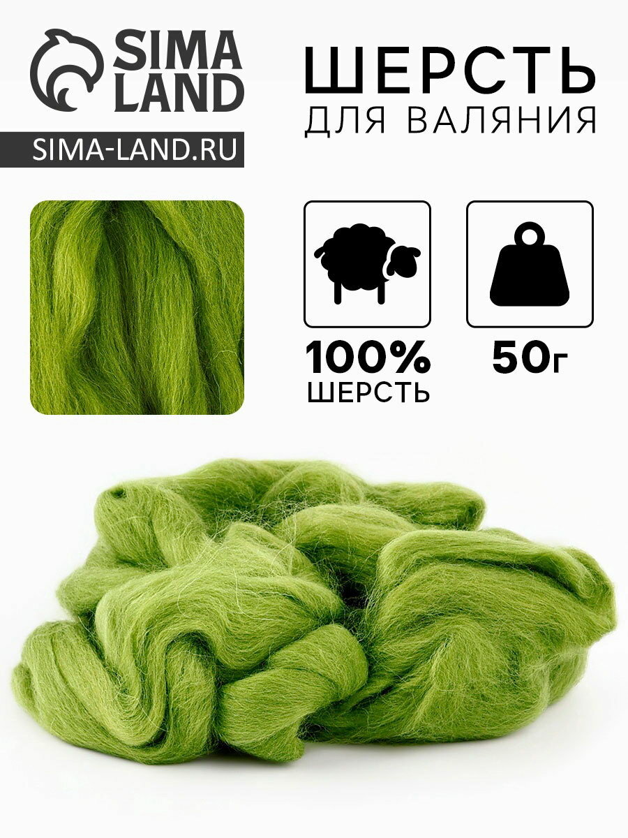 Шерсть для валяния 100% полутонкая шерсть 50 гр, цвет: зелёный