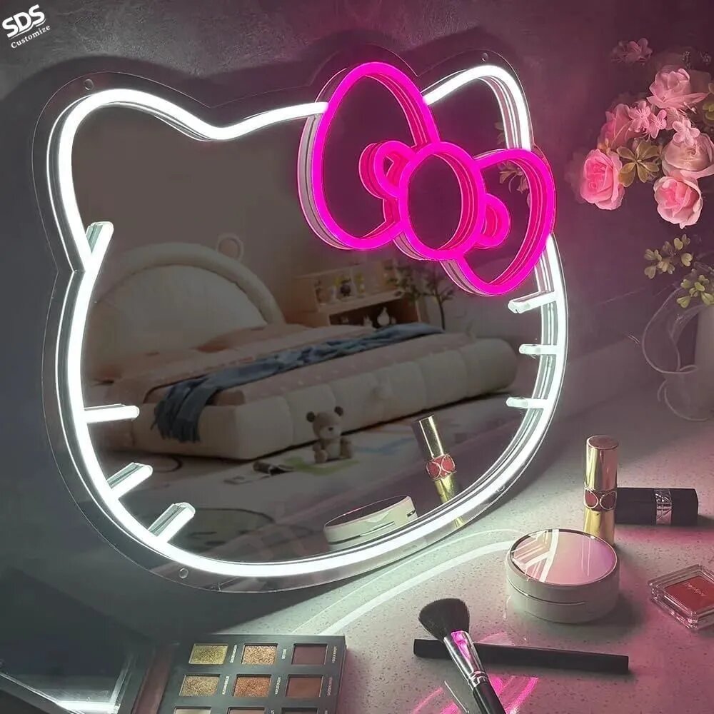 Неоновая вывеска Neon Милый кот и зеркала, декоративный светильник, 37х31 см, розовый /Неоновая светодиодная вывеска на стену /