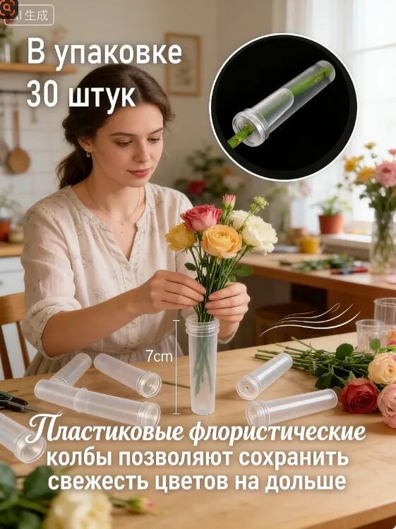 Колбочки - пробирки флористические пластиковые с крышкой 30 шт