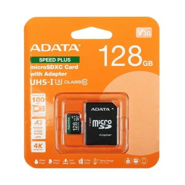 Карта памяти micro SDXC 128Gb ADATA Speed Plus UHS-I U3 A2 + ADP (180/160 R/W)