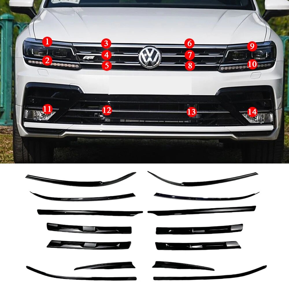Для VW Tiguan MK2 R-Line 2017-2021 передний бампер фары брови центральная решетка противотуманные фары черные молдинговые полоски наклейки отделка
