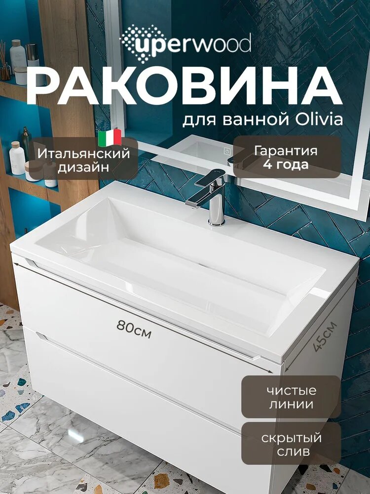 Мебельная раковина Uperwood Olivia 80 накладная, из литьевого мрамора, белая, глянцевая, раковина для ванной, прямоугольная, со скрытым сливом