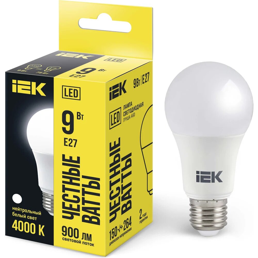 Лампа, IEK, IEK LED, A60, 9вт, 230В, 4000К, E27 LLE-A60-9-230-40-E27, использования в осветительных приборах, груша