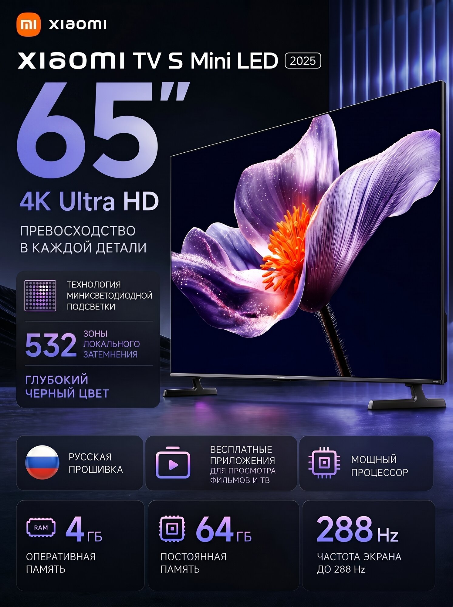 Телевизор Xiaomi 65" TV S Mini LED 65 (2025), 4K 288Hz, 4/64 ГБ, русификация