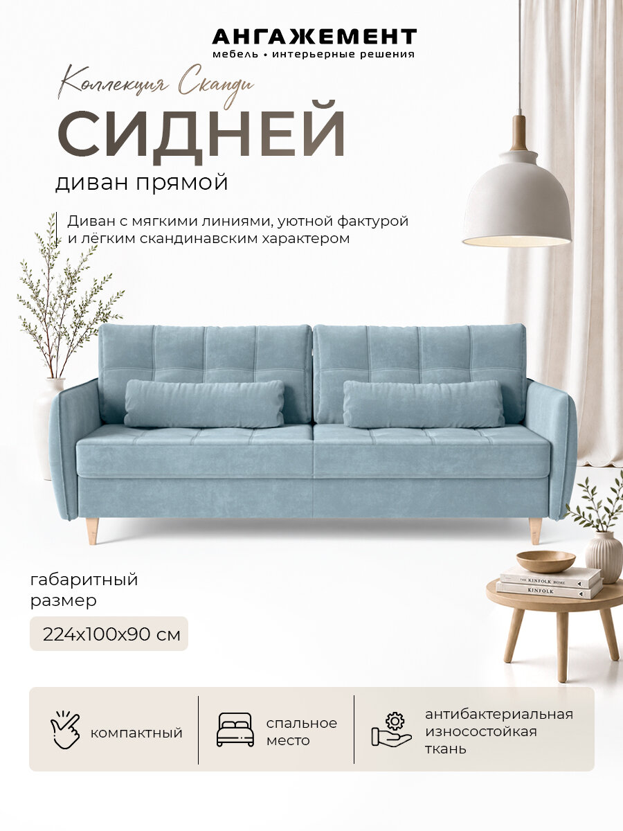 Диван прямой раскладной 224x100см Сидней, компактный диван-кровать, механизм пантограф