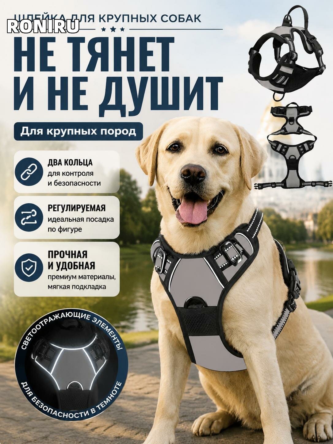 Шлейка для крупных собак — не тянет и не душит, с двумя кольцами, регулируемая, светоотражающая для крупных пород