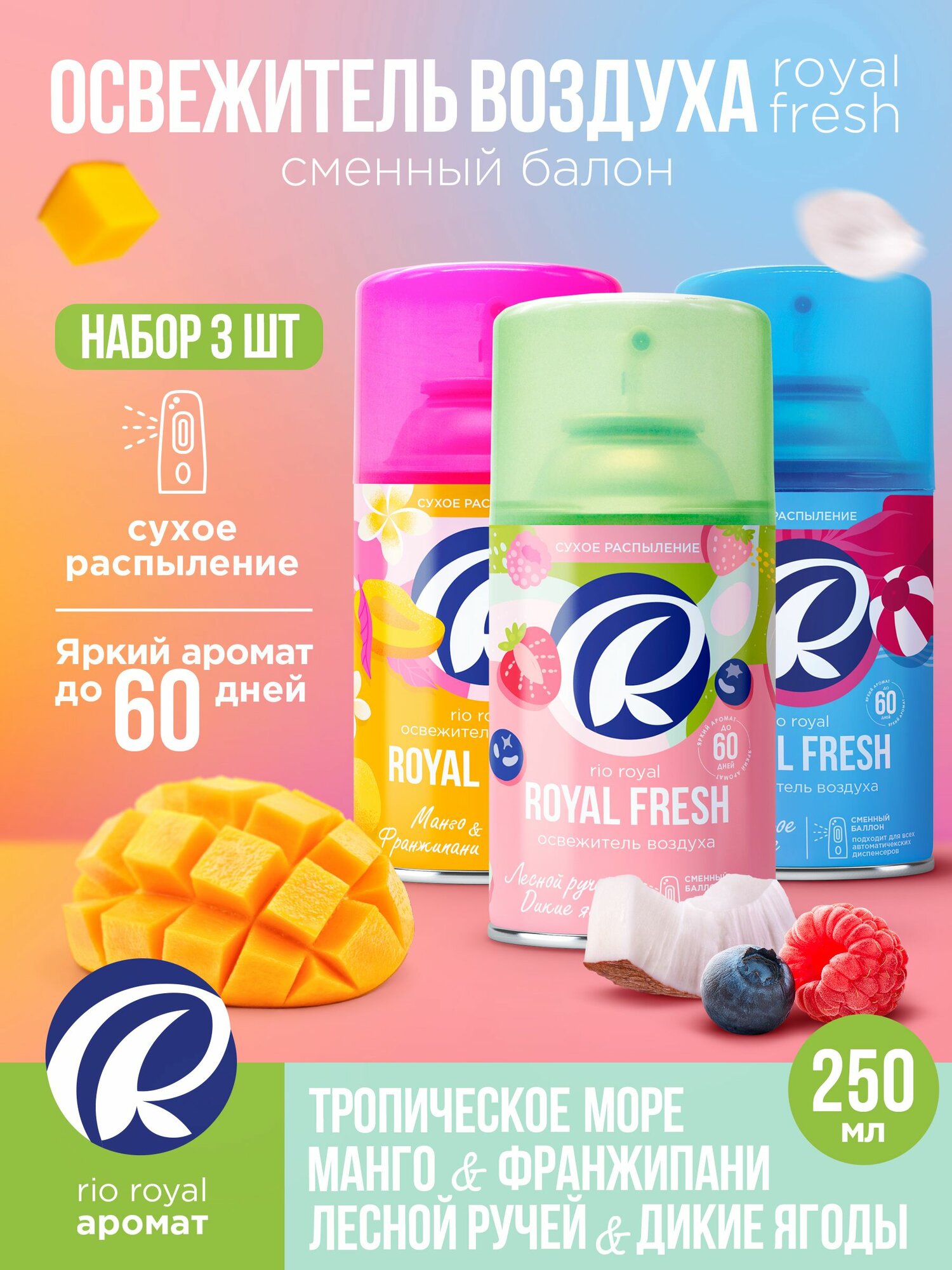 Набор сменных баллонов "Манго & Франджипани", "Тропическое море" и "Лесной ручей & Ягоды" освежитель воздуха для диспенсера, набор 3 шт по 250 мл освежитель воздуха для диспенсера сменные баллоны аром