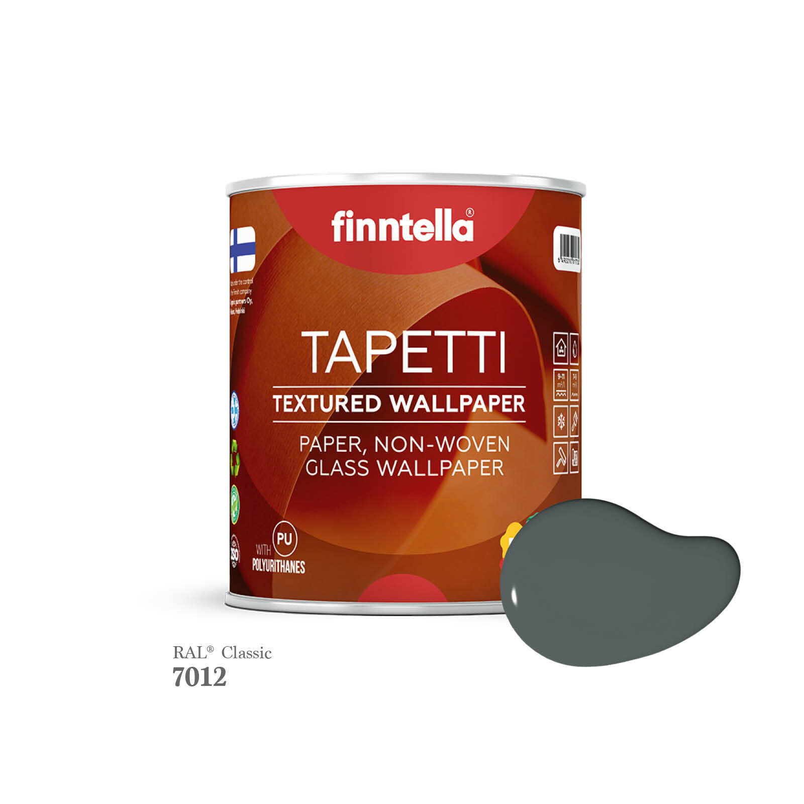 Шелковисто-матовая краска для обоев под окраску TAPETTI SILKKI Matta FINNTELLA, Цвет RAL 7012 Базальтово-серый (Basalt grey), 0,9л