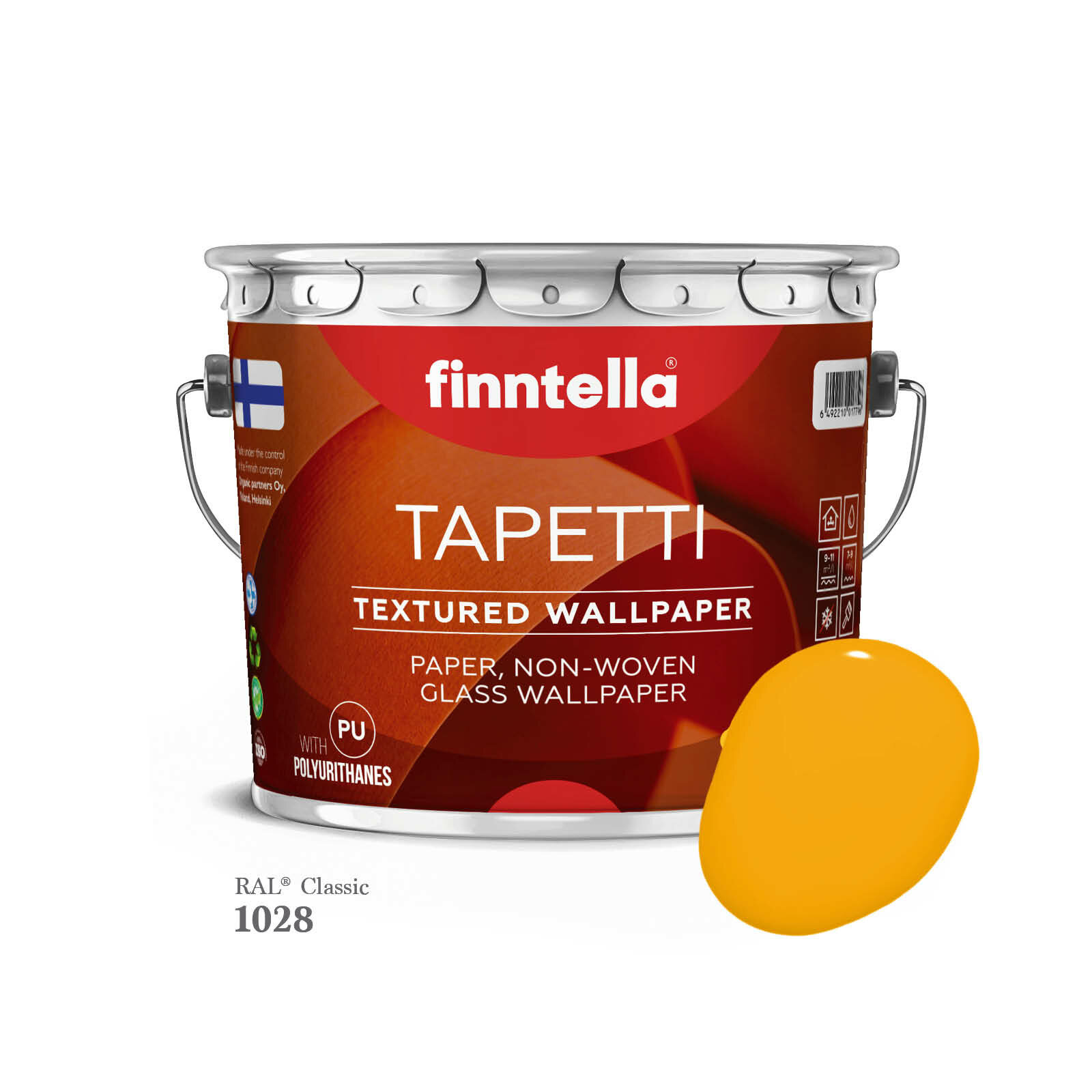 Шелковисто-матовая краска для обоев под окраску TAPETTI SILKKI Matta FINNTELLA, Цвет RAL 1028 Дынно-желтый (Melon yellow), 2,7л