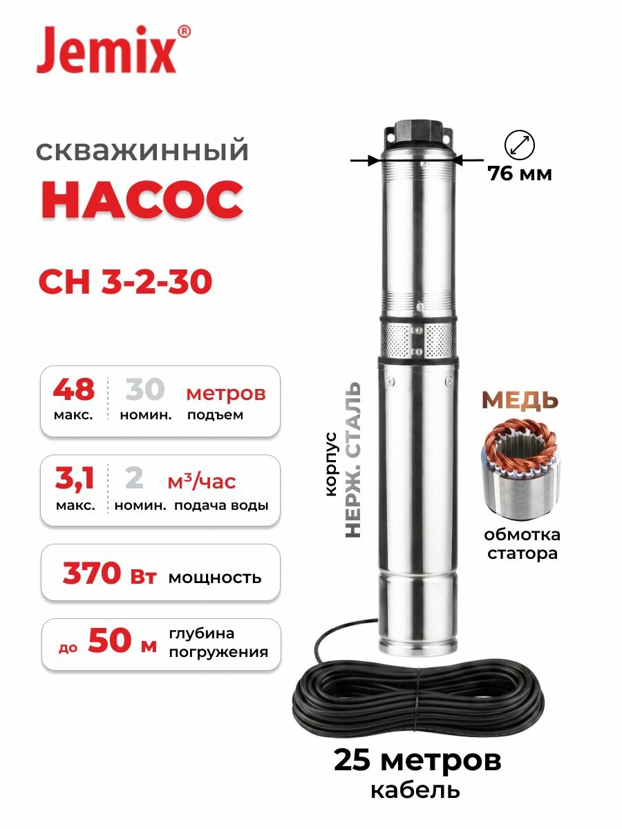 Скважинный насос JEMIX с кабелем 25 метров, СН 3-2-30