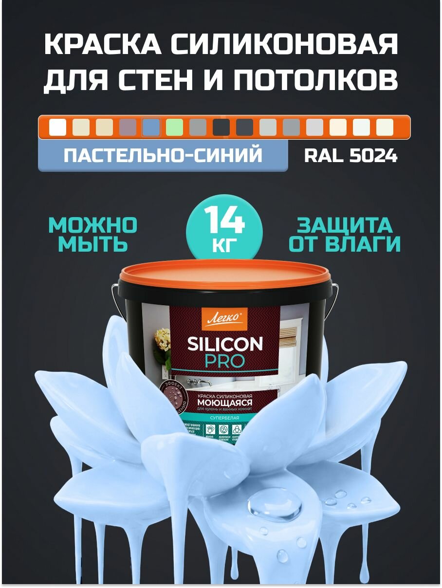 Силиконовая моющаяся краска для стен и обоев Легко, для ванной комнаты, матовая, RAL 5024 Пастельно-синий, 14 кг