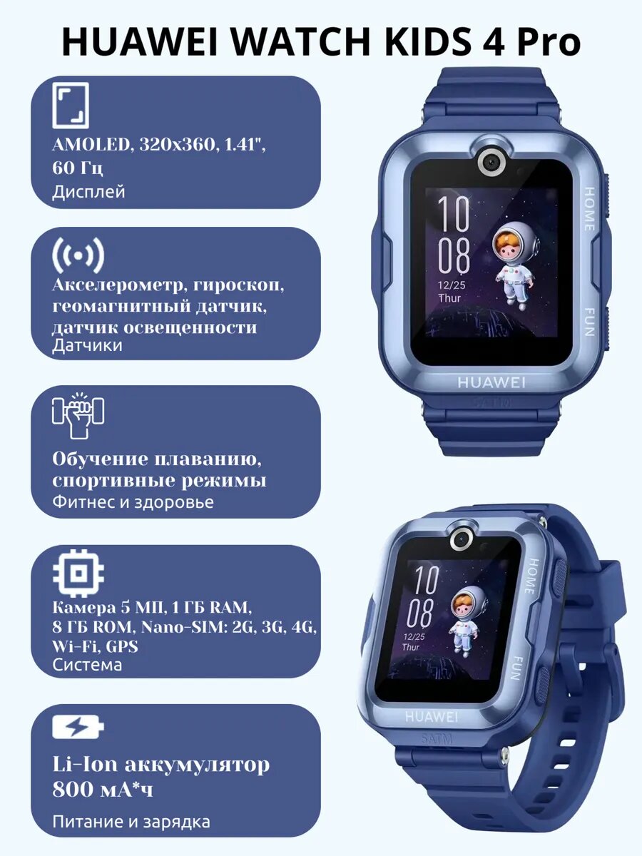 Детские часы HUAWEI WATCH KIDS 4 Pro Синий Ростест (ЕАС), связь 2G, 3G, 4G LTE, Wi-Fi, Bluetooth, GPS, кнопка SOS