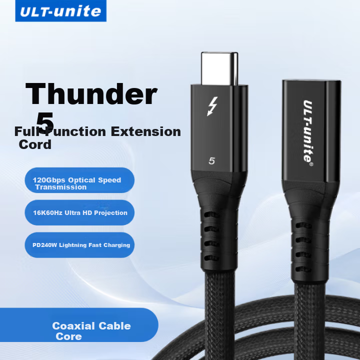 ULT-unite Thunderbolt 5 Coaxial Cable Extension 16K High Definition Projection Screen 120Gbps Full Function Data Cable 240W Fast Charging Thunderbolt 4/3 Laptop Docking Station 0.2m