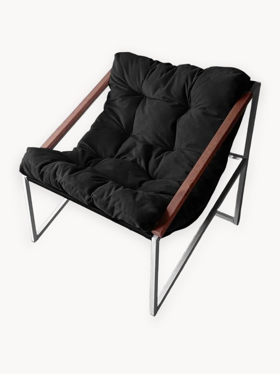 Кресло мягкое удобное для отдыха, уличное, на балкон, на веранду, в стиле лофт, минимализм, Слэш ++ велюр черный, белый металл