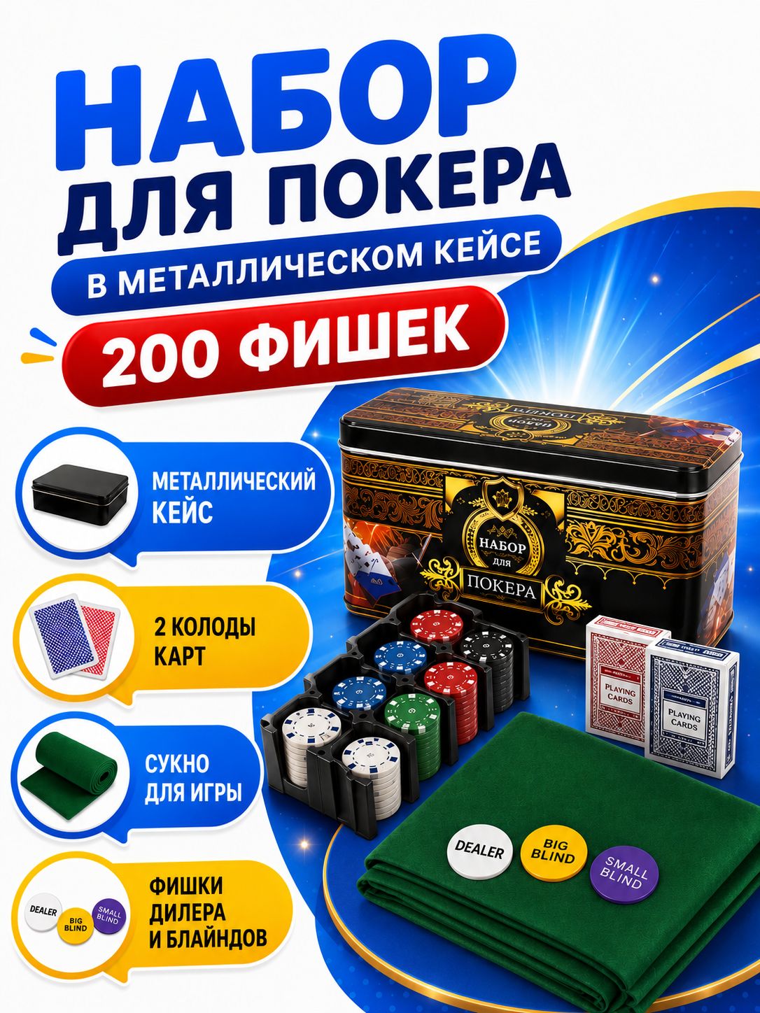 Покерный набор 200 фишек, в жестяной коробке / Фишки для покера