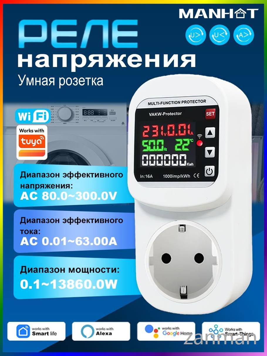 Умная розетка с мониторингом потребления и защитой от перегрузок Tuya WiFi