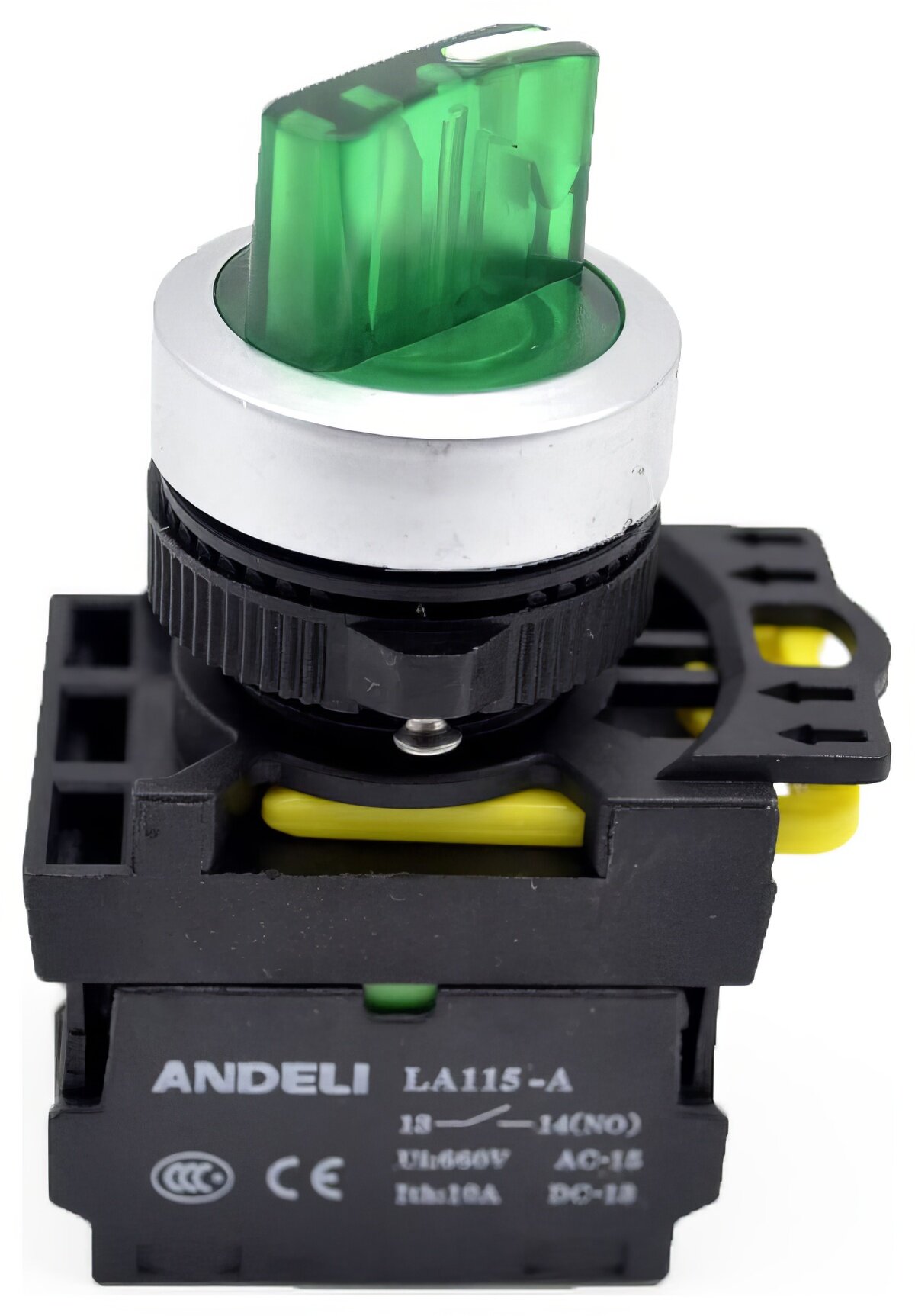 Переключатель ANDELI с подсветкой с фиксацией 1NO 1NC LA115-A5-11XD/G зеленый LED 220В артикул ADL10-203