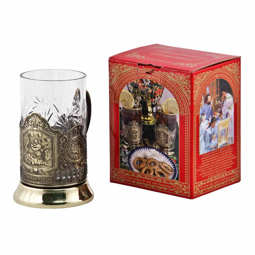 Подстаканник "Баня" карт. коробка, хруст. стакан, латунь, штамп ПД-355К-л