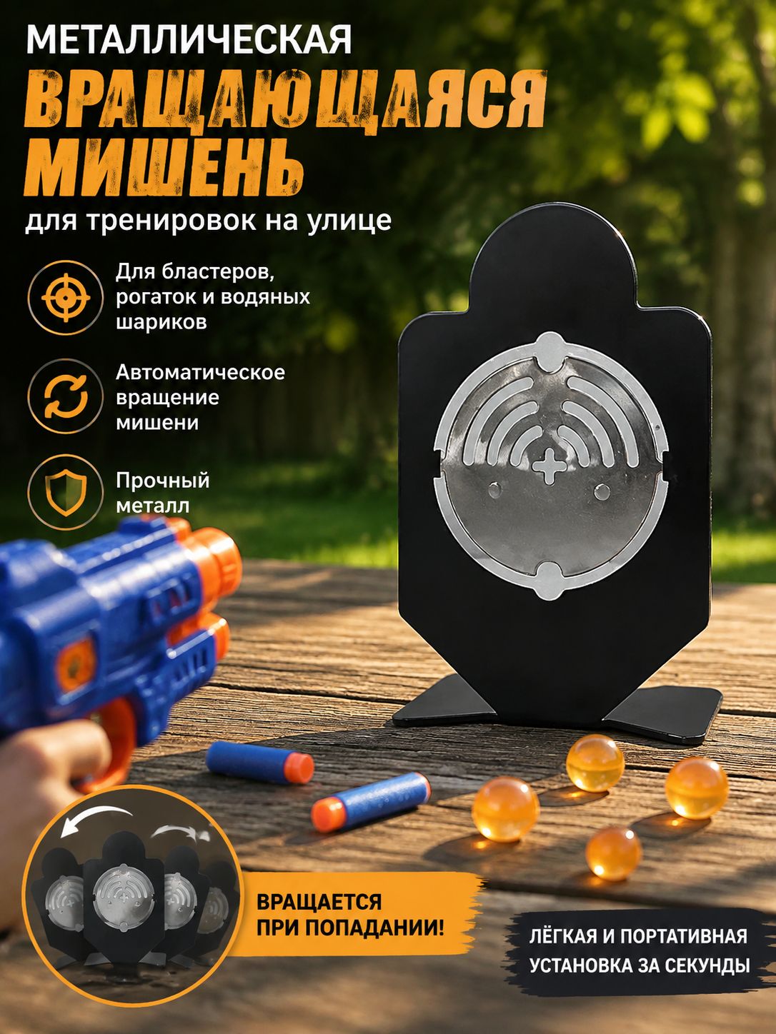 Металлическая вращающаяся мишень для стрельбы из игрушечного бластера, рогатки и водяных шариков, портативная, для тренировок на улице
