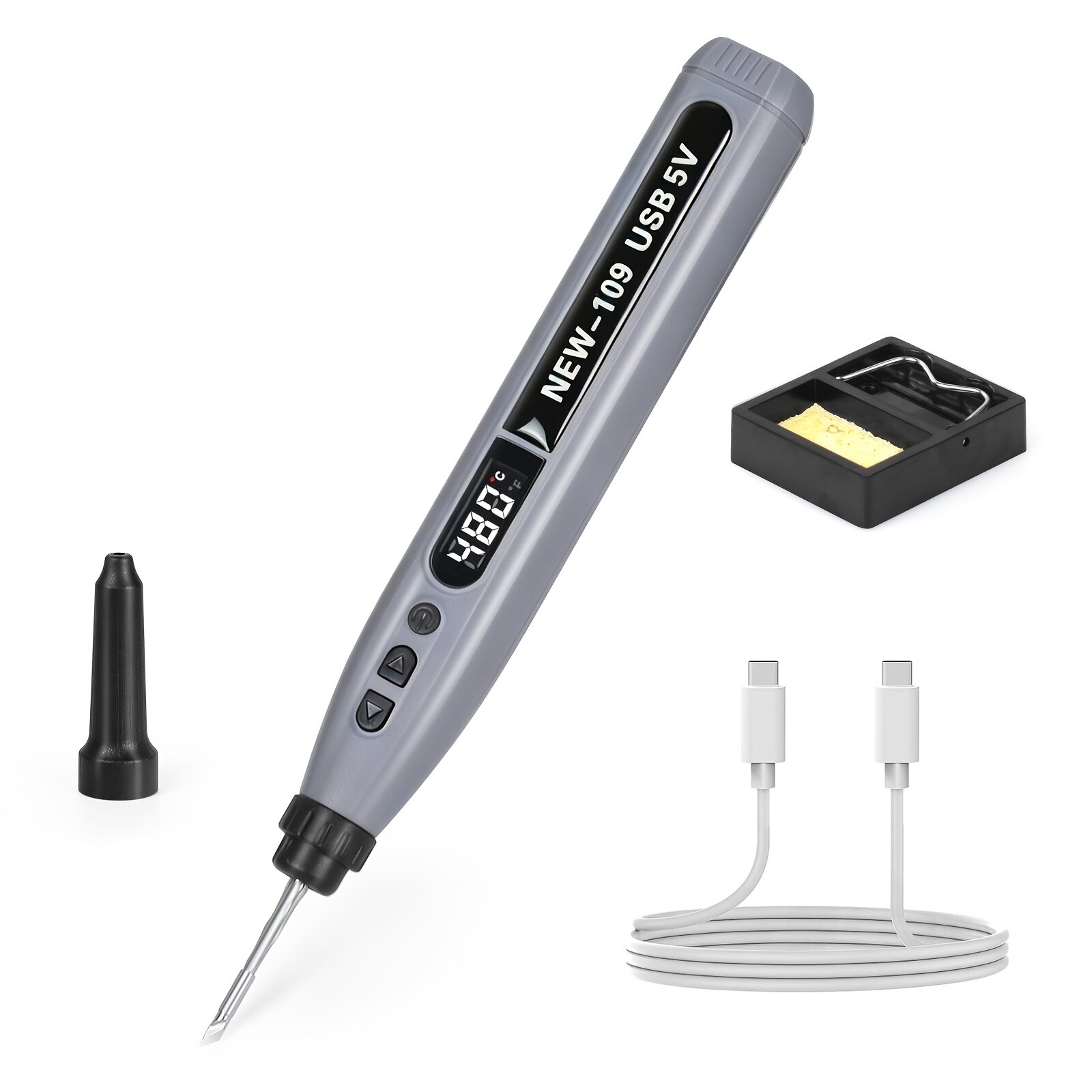 Паяльник-ручка портативный с USB-C и OLED-дисплеем, регулировка температуры 180–480 °C, быстрый нагрев для ремонта электроники, модель 109-CD
