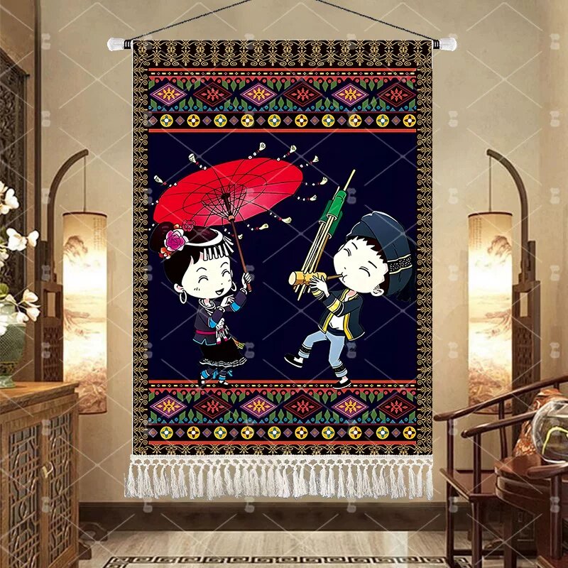 Этническая настенная картина Мяо, дизайн хлопок лен, 45x65см, включает регулируемую штангу для интерьера