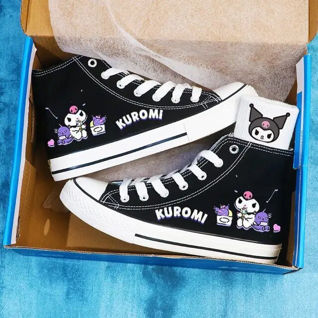 Кроссовки Sanrio Kawaii Kuromi Canvas Shoes с рисунком из аниме, милые, модные, изысканные, универсальные, для отдыха, для студентов и девушек, чёрные, высокие кроссовки