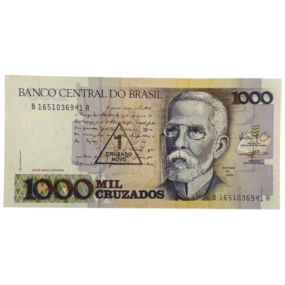 Бразилия 1 новый крузадо 1989 г. (Надпечатка на 1000 крузадо) (Подпись Nobrega, Bucchi) (Серия B A)