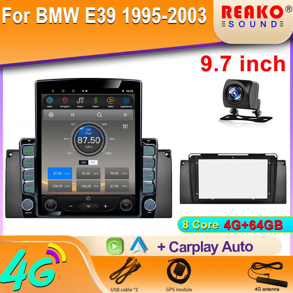 Магнитола для BMW E39 1995-2003 , с камерой заднего вида. IPS экран 9.7 дюймов, Wifi 2din с сенсорным экраном, usb и блютузом.