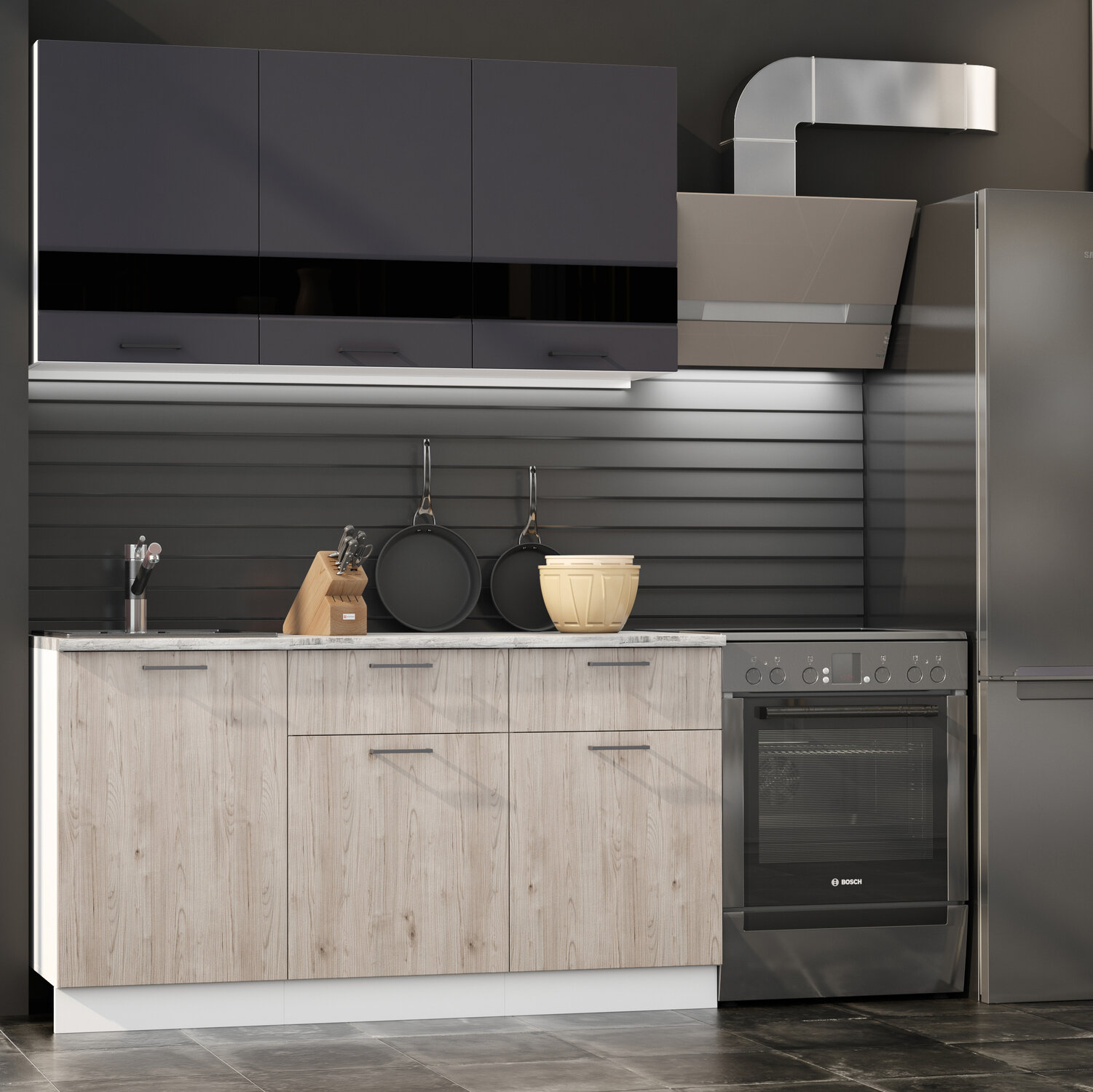 Кухонный гарнитур, кухня, готовый комплект Астра 1,5м Графит софт/ Дуб Галиано