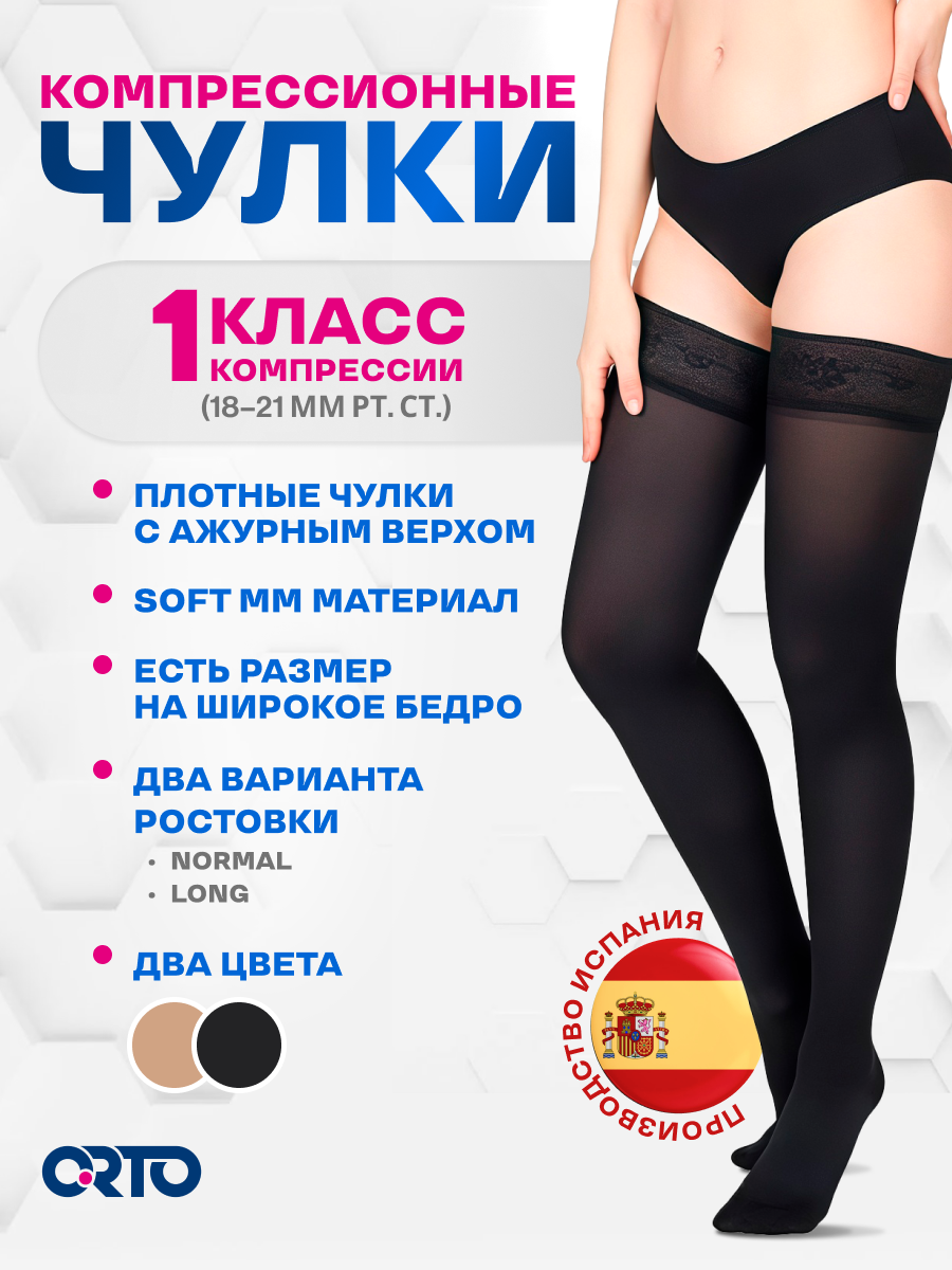 Чулки компрессионные Orto 4216 с ажурным верхом, плотные, 1 класс, Размер S, Norm (62-70 cм), Черный