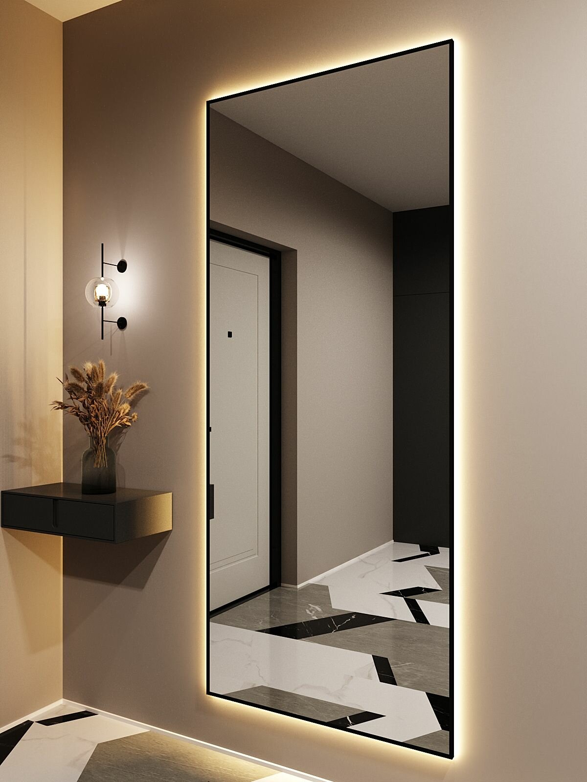 Зеркало настенное 190х80 см. BLX MIRROR с подсветкой в алюминиевой раме. Свет: Теплый белый 3000К, Черное