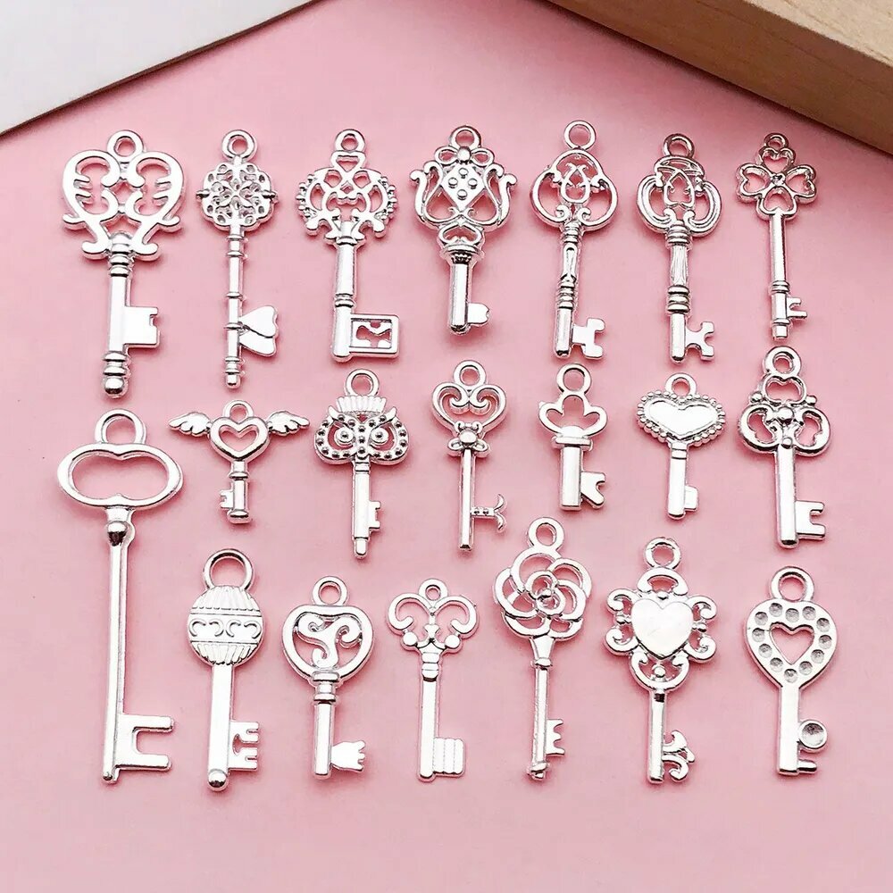 20 видов маленьких ключиков из блестящего серебра набор для создания бижутерии.