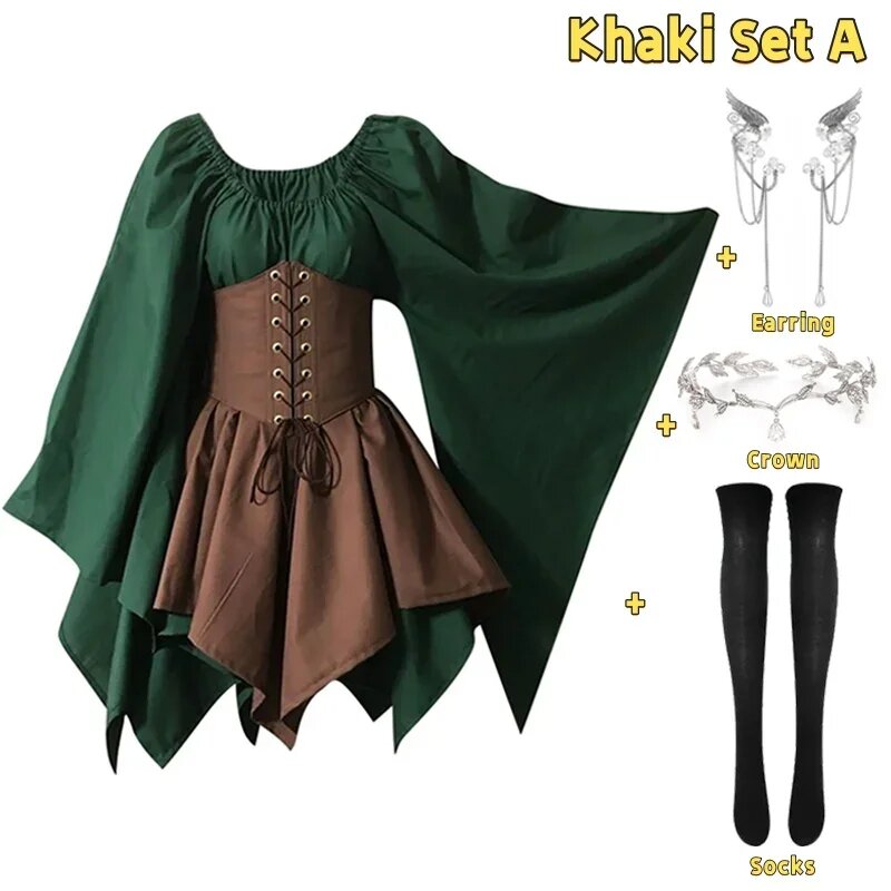 Женское платье эльфа полиэстер Изумрудный, S, Khaki Dress Set A