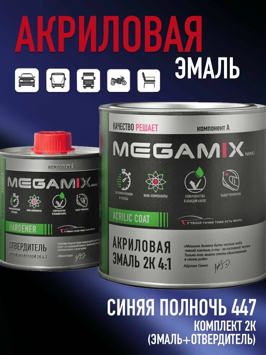 Акриловая краска автомобильная 2К 4:1 447 Синяя полночь, Комплект (эмаль 840 мл и отвердитель 210 мл), MEGAMIX